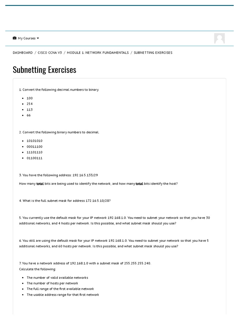 Cisco CCNA v3 - Subnetting Exercises | PDF | Cisco Certifications | Computer Network