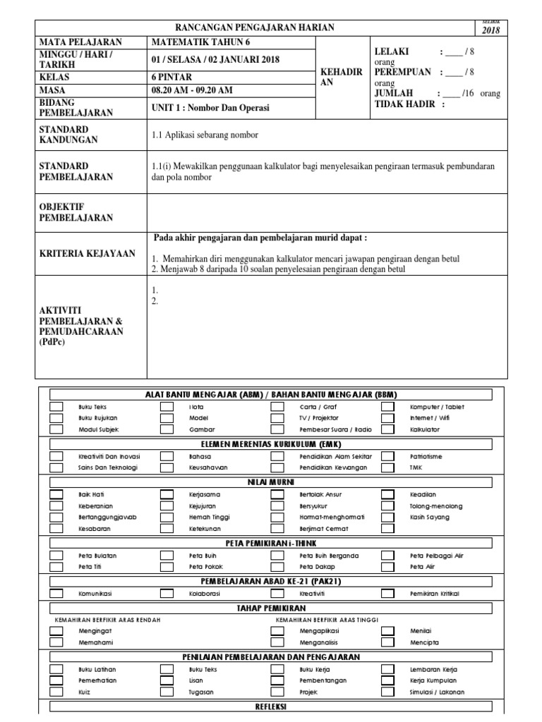 Contoh Template RPH SMK Selirik 2018 | PDF