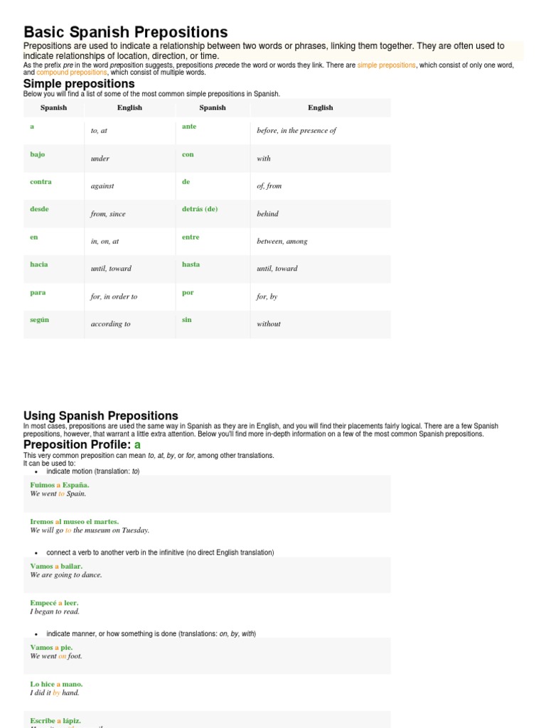 Basic Spanish Prepositions | PDF | Style (Fiction) | Language Mechanics