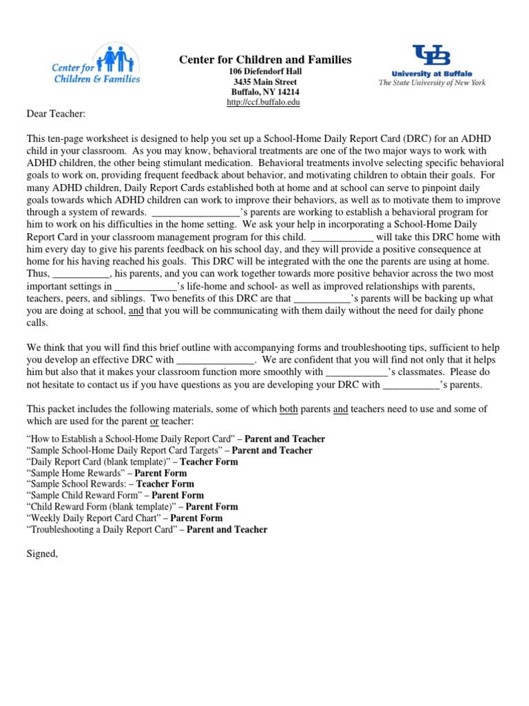 ADHD School-Home Daily Report Card Guide | PDF | Reinforcement ...