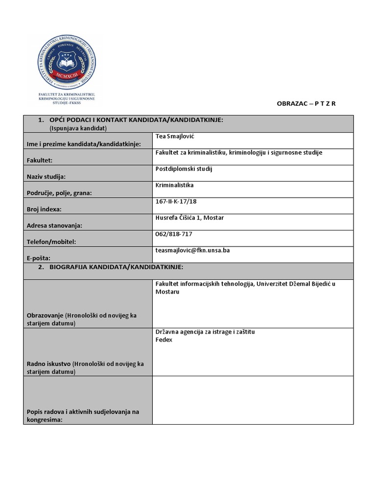 OBRAZAC Br. 1. (Odabir Teme Završnog Rada) | PDF