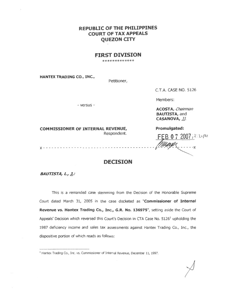 CIR Vs Hantex, CTA Division, February 7, 2007 | PDF | Internal Revenue ...