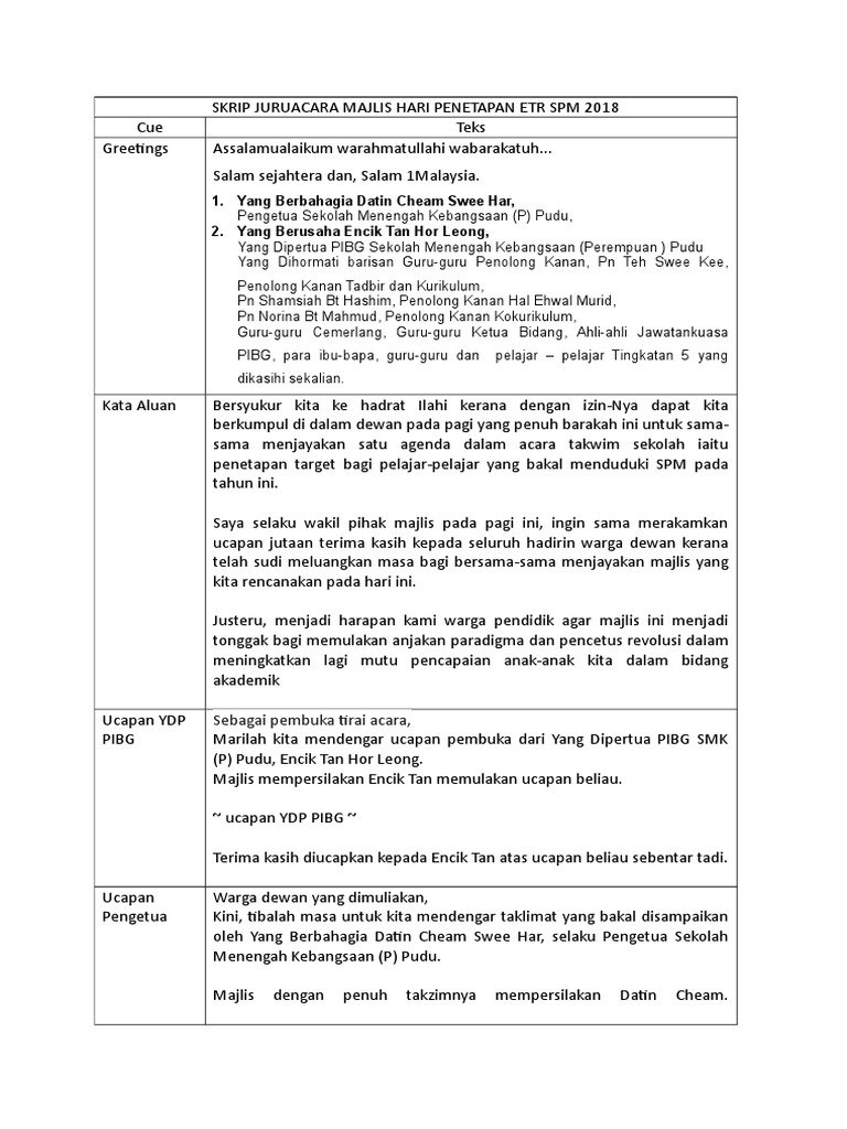 Skrip Juruacara Majlis Hari Penetapan Etr SPM | PDF