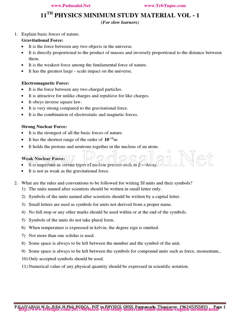 11th Physics Study Material for Slow Learners | PDF | Rotation Around A ...