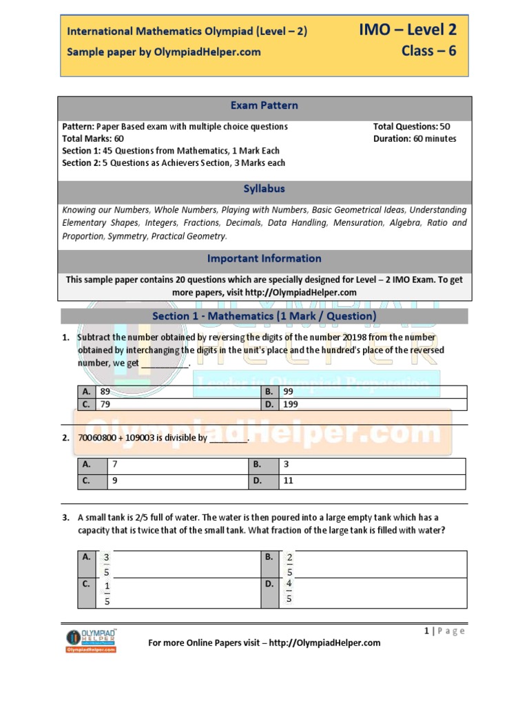 Class 6 Imo 4 Years Sample Paper Pdf Integer Test Assessment