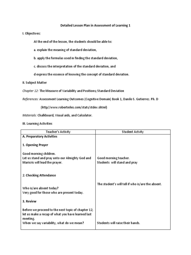 Detailed Lesson Plan in Assessment of Learning 1 | PDF | Standard ...