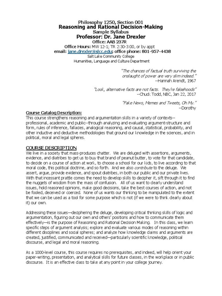 Reasoning and Rational Decision-Making Professor: Dr. Jane Drexler | PDF | Logic | Argumentation ...