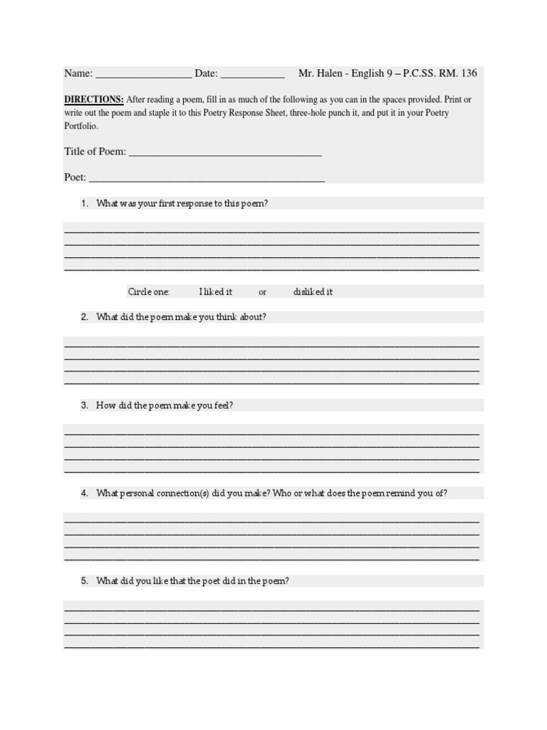 Poetry Response Worksheet | PDF | Poetry | Works