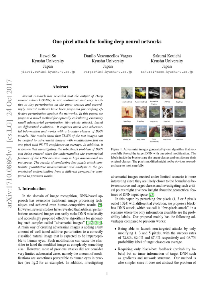 One Pixel Attack For Fooling Deep Neural Networks | PDF | Genetic ...