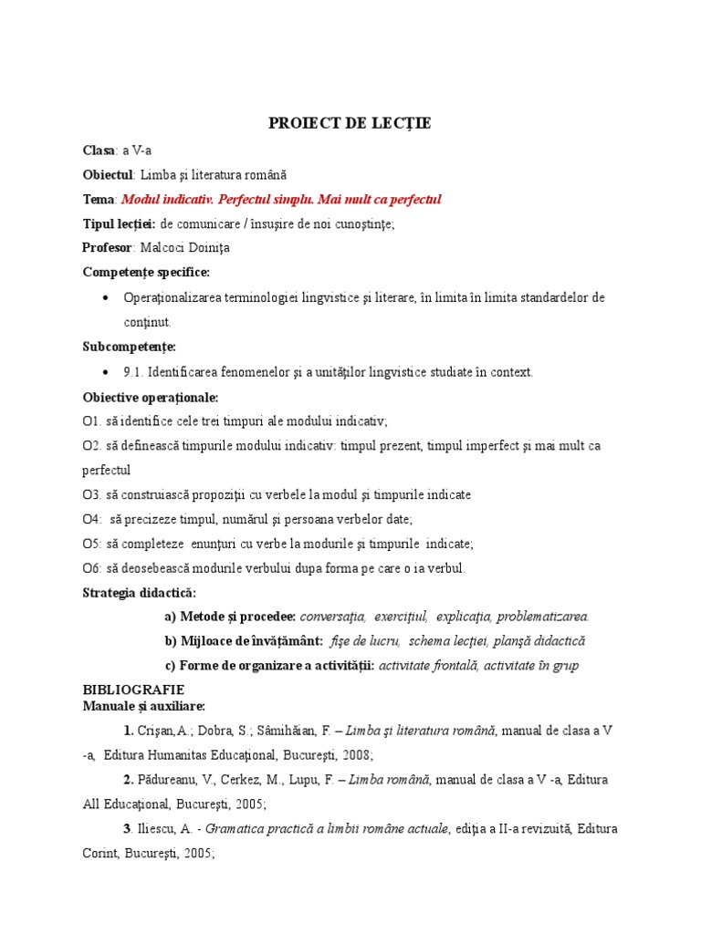 Proiect Didactic Perfectul Simplu, Mai Mult CA Perfectul | PDF