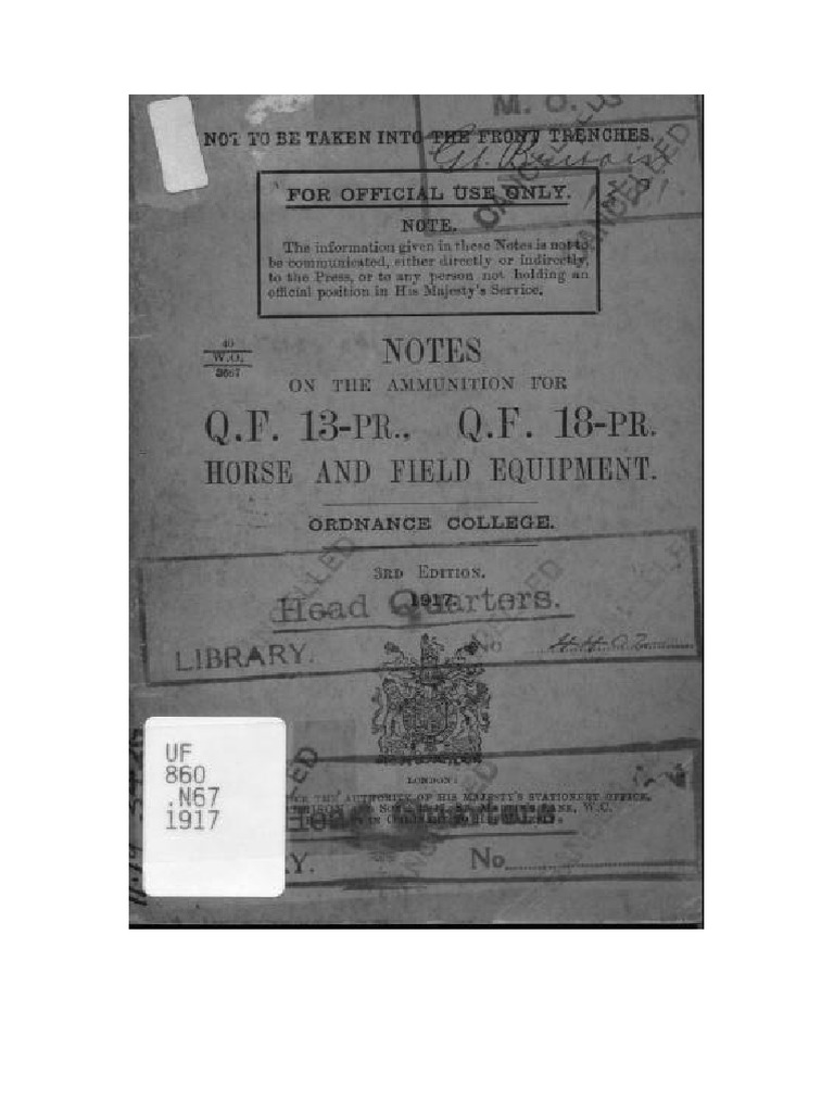 1917 British Army Notes On Ammunition For Q.F. 13 PR and 18PR Horse and ...