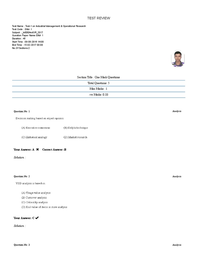 Test Review: Section Title: One Mark Questions Total Questions: 5 Max ...