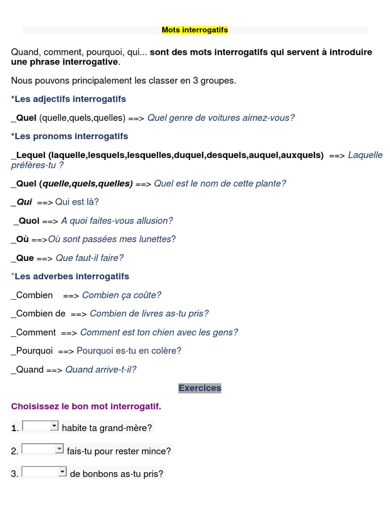 Exercices sur les mots interrogatifs | PDF | Arts du langage et discipline