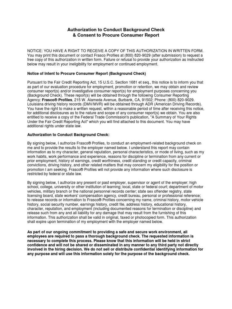 Authorization To Conduct Background Check | PDF | Credit Bureau ...