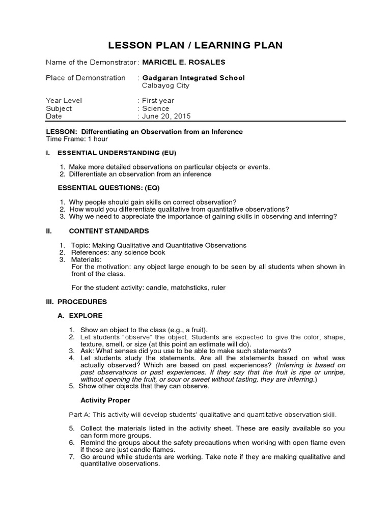 Lesson Plan Observation | PDF | Observation | Lesson Plan