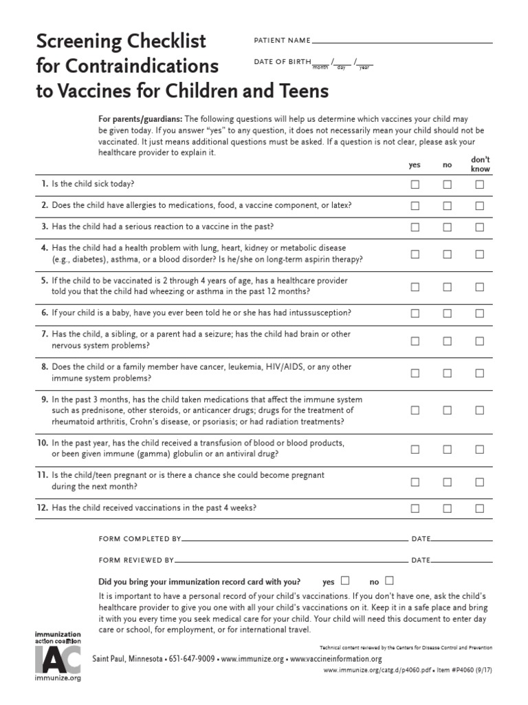 Vaccine screening checklist for contraindications | PDF | Vaccines ...