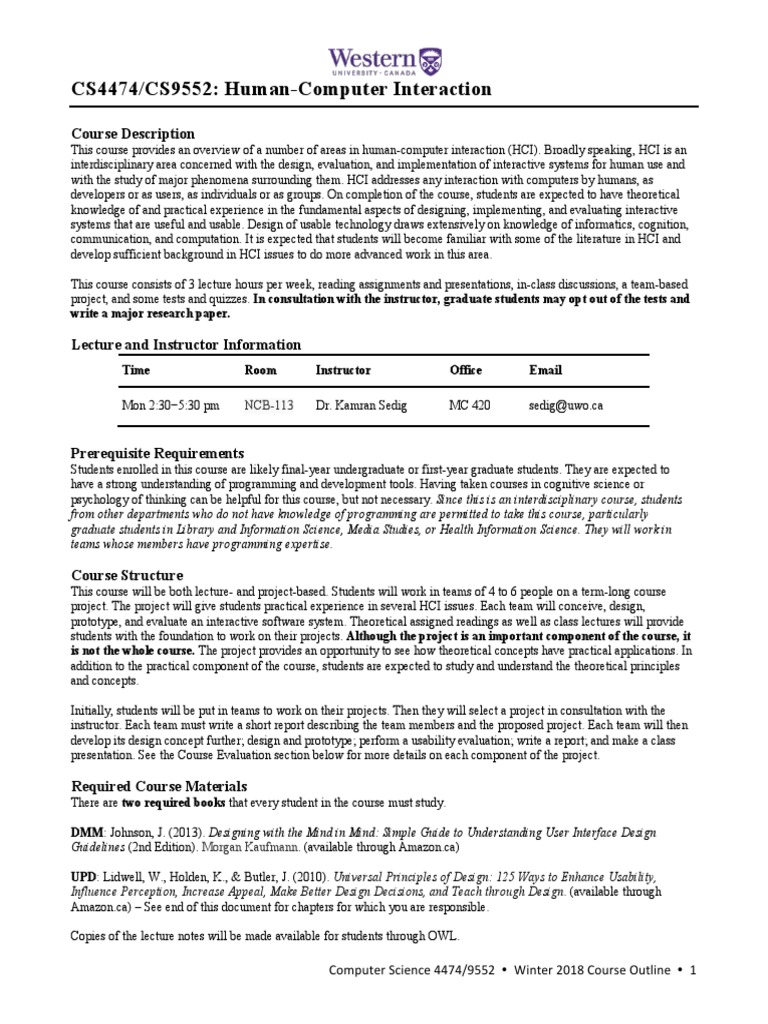 CS4474/CS9552: Human-Computer Interaction: Course Description | PDF | Human–Computer Interaction ...
