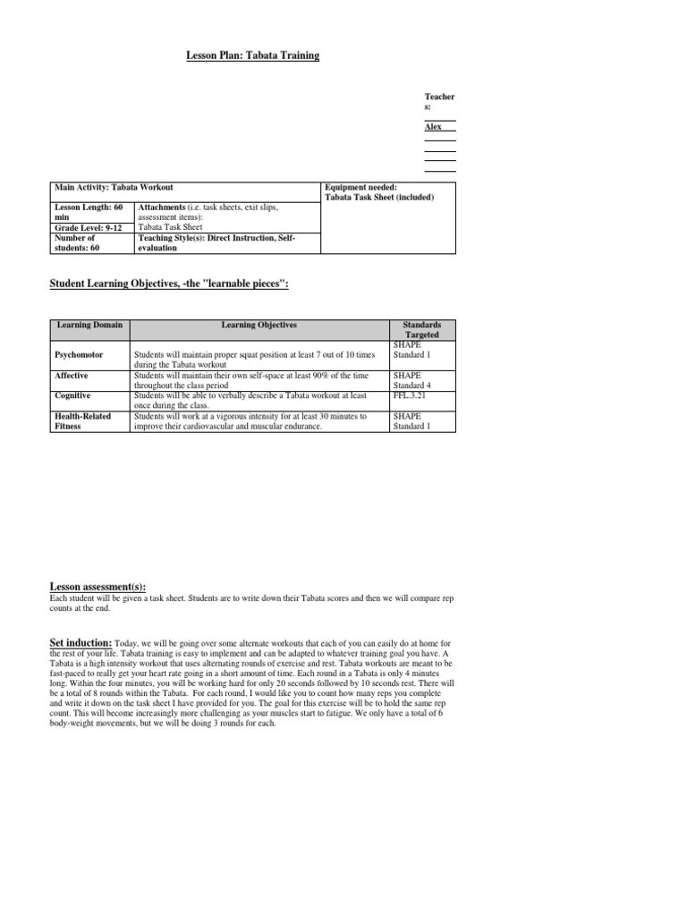 Lesson Plan 7 Tabata Training | PDF | High Intensity Interval Training ...