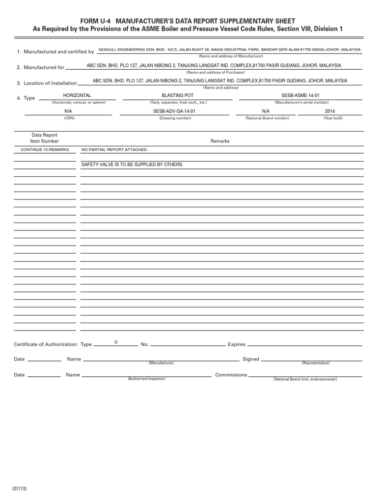Form U-4 Manufacturer’S Data Report Supplementary Sheet As Required by ...