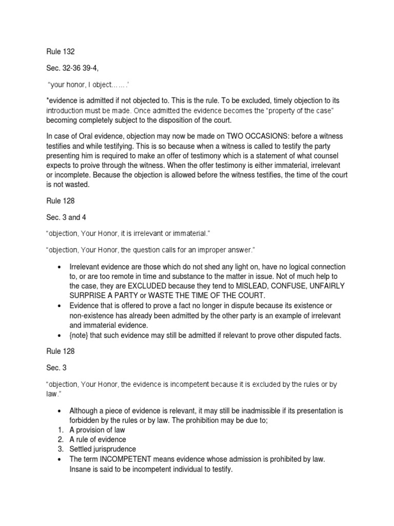 Court Objections and Evidence Rules | PDF | Evidence (Law) | Search And ...