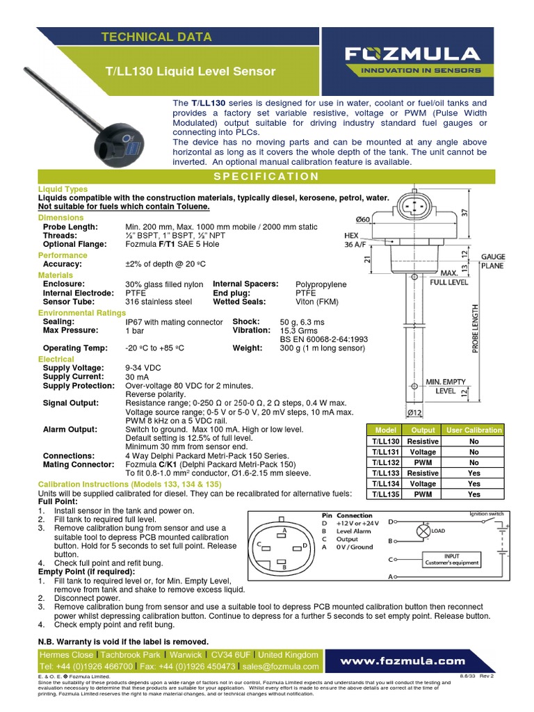 TLL13X Fozmula Liquid Level Sensor Data 8-6-33R2 | PDF ...