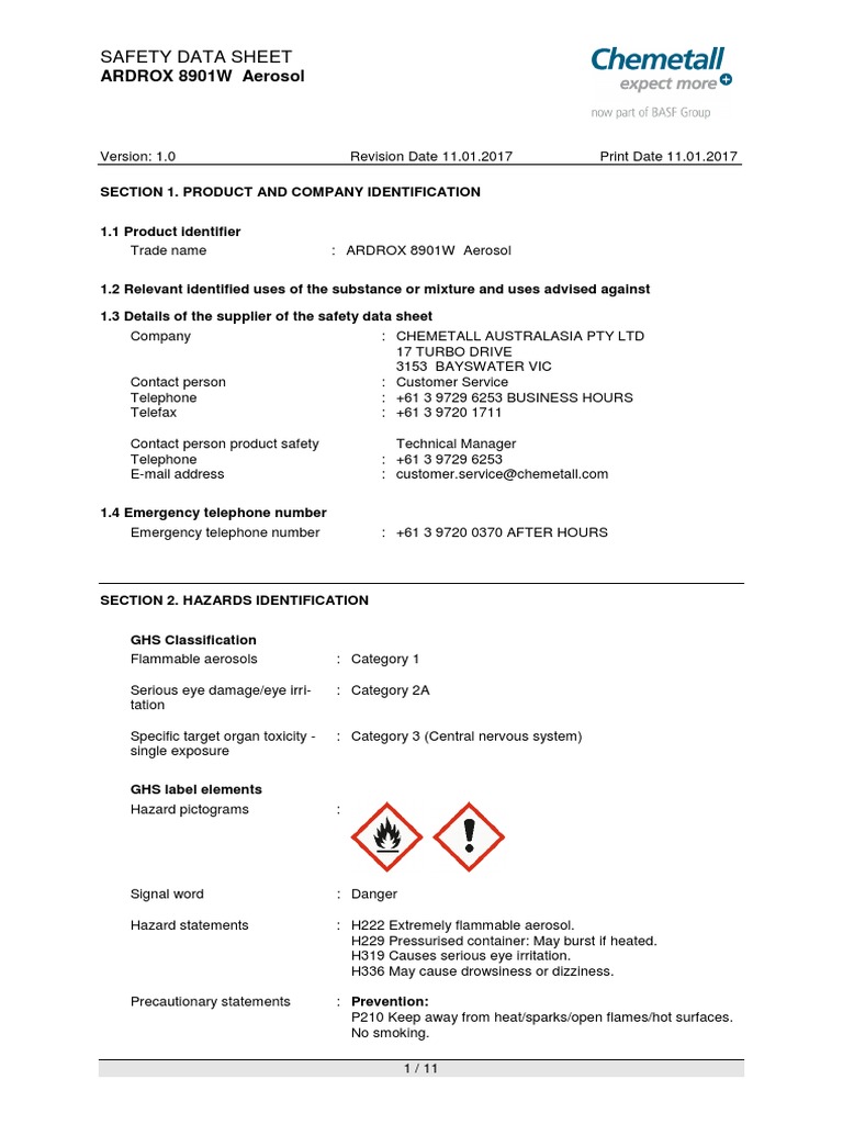 Ardrox 8901W Aerosol SDS 2017 | PDF | Toxicity | Dangerous Goods