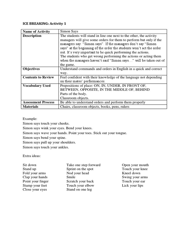 ICE BREAKING: Activity 1 Name of Activity Description | PDF | English ...