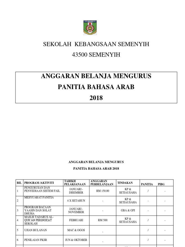 Anggaran Panitia Bahasa Arab SK Semenyih 2018 | PDF
