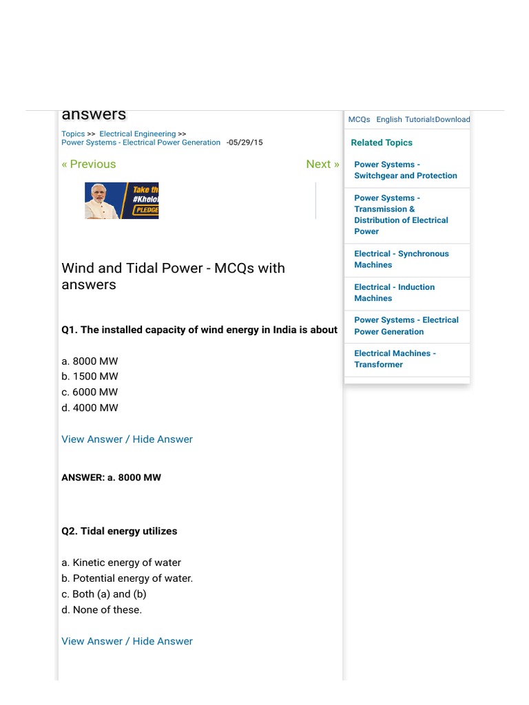 Tidal Energy MCQs and Answers | PDF | Electric Power | Wind Power