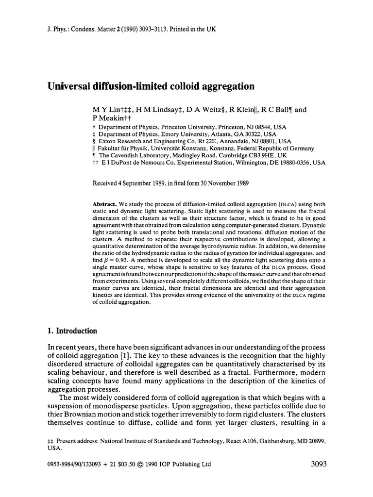 Universal behavior of diffusion-limited colloid aggregation | PDF | Colloid | Physical Chemistry