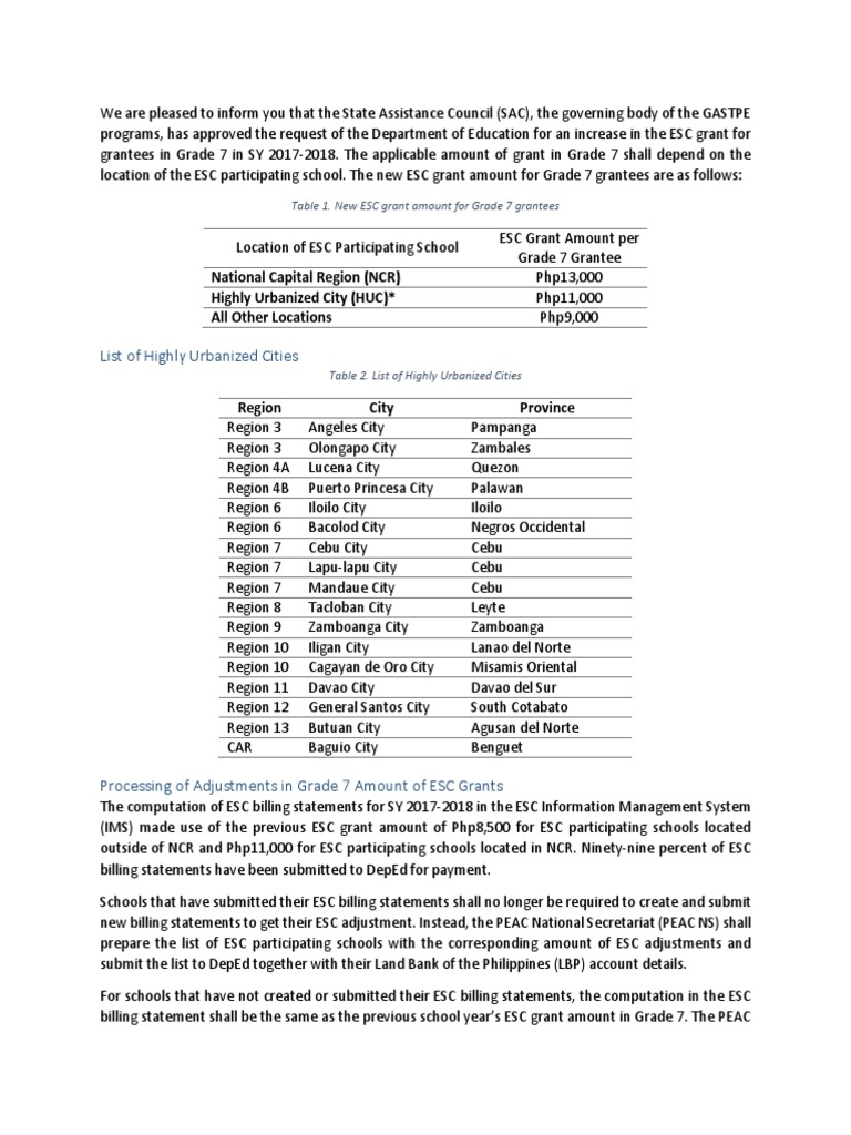 ESC Grant Increase for Grade 7 2017-18 | PDF | Payments | Economies