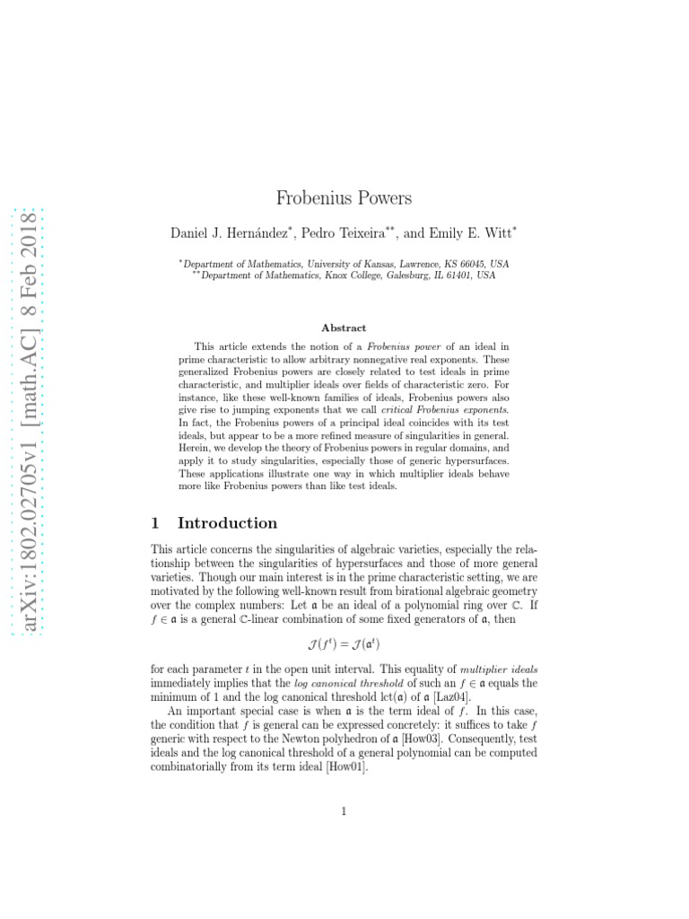 Frobenius Powers: Daniel J. Hern Andez, Pedro Teixeira, and Emily E. Witt | PDF | Exponentiation ...