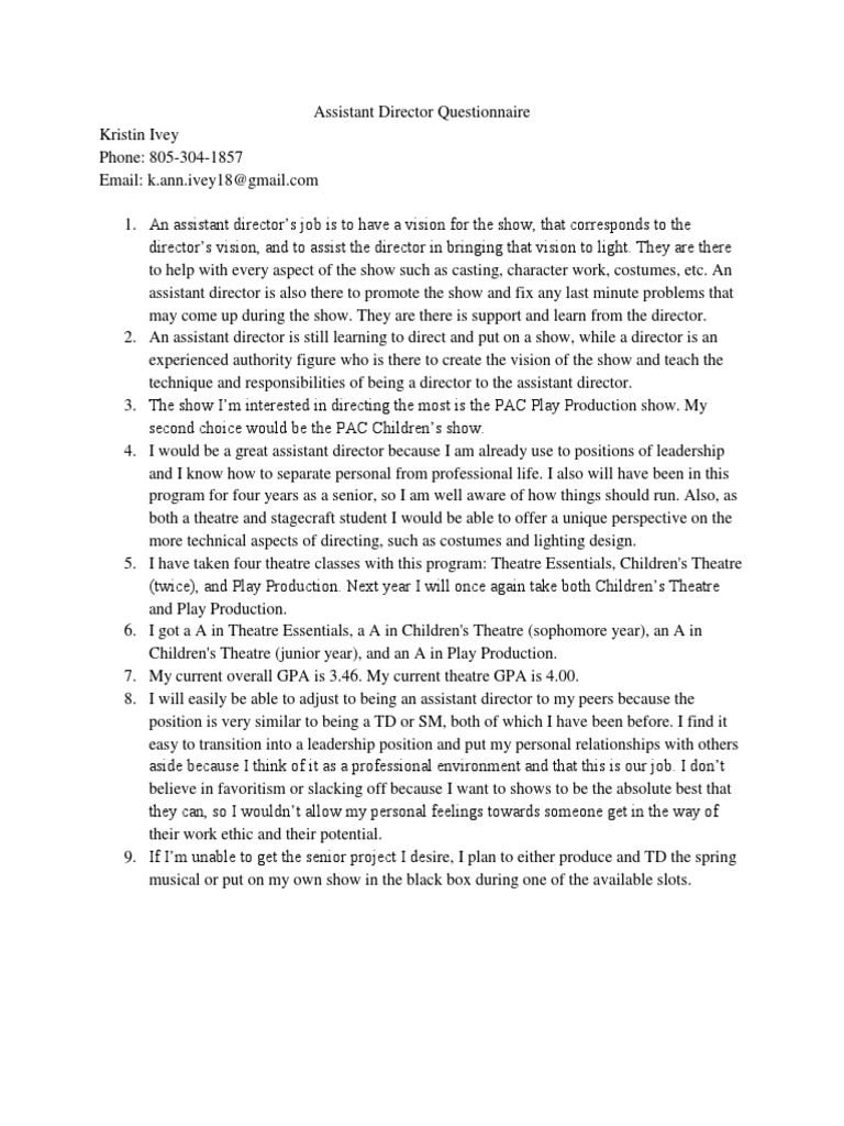 Assistant Director Questionnaire | PDF | Theatre | Psychology