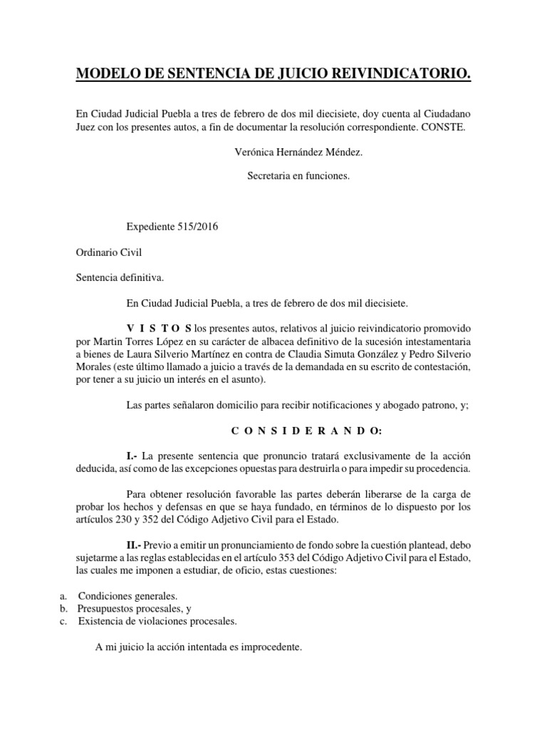 Modelo de Sentencia de Juicio Reivindicatorio | Posesión (Ley ...