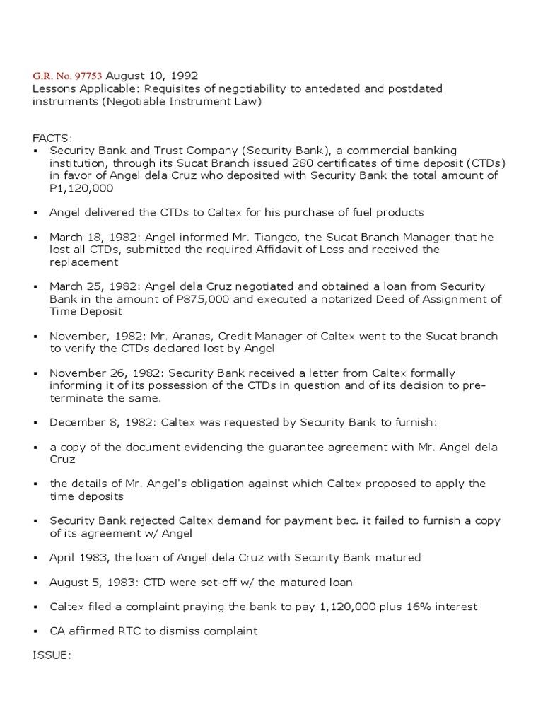 Lessons Applicable: Requisites of negotiability to antedated and ...