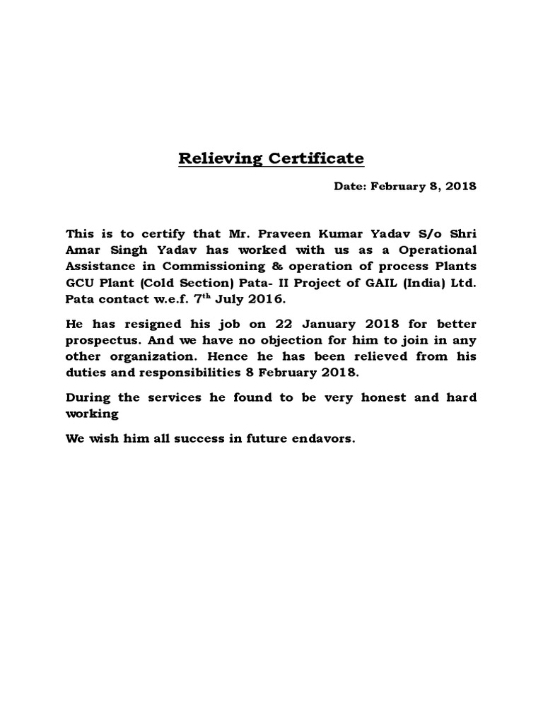 Relieving Certificate Date February 8 2018 PDF