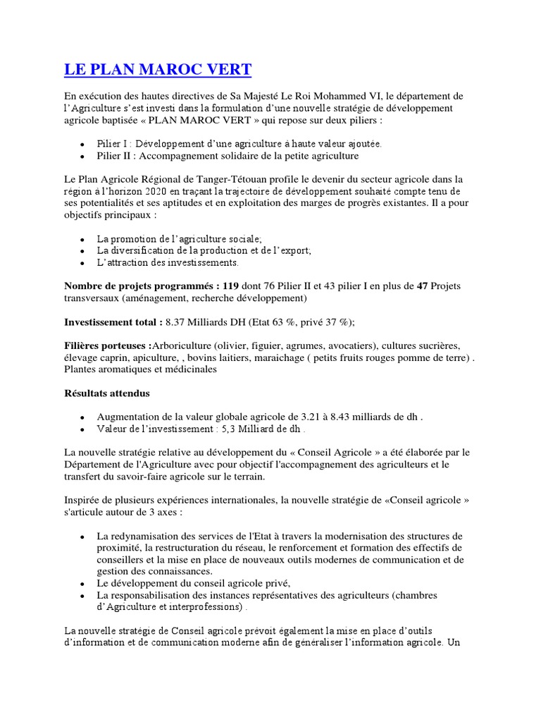 Plan Maroc Vert : Stratégie Agricole 2020 | PDF | Maroc | Agriculture
