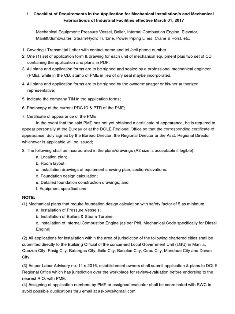 Checklist Requirements Inthe Application MechanicalInstallation v2 ...