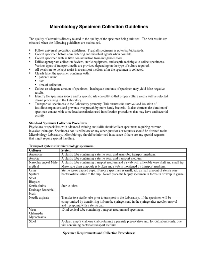 Microbiology Specimen Collection Guidelines | PDF | Wound | Clinical ...