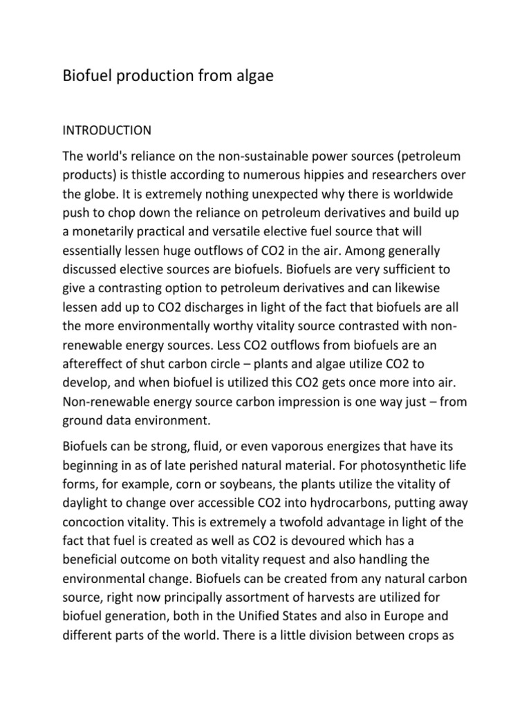 Biofuel Production From Algae Pdf Algae Fuel Biofuel