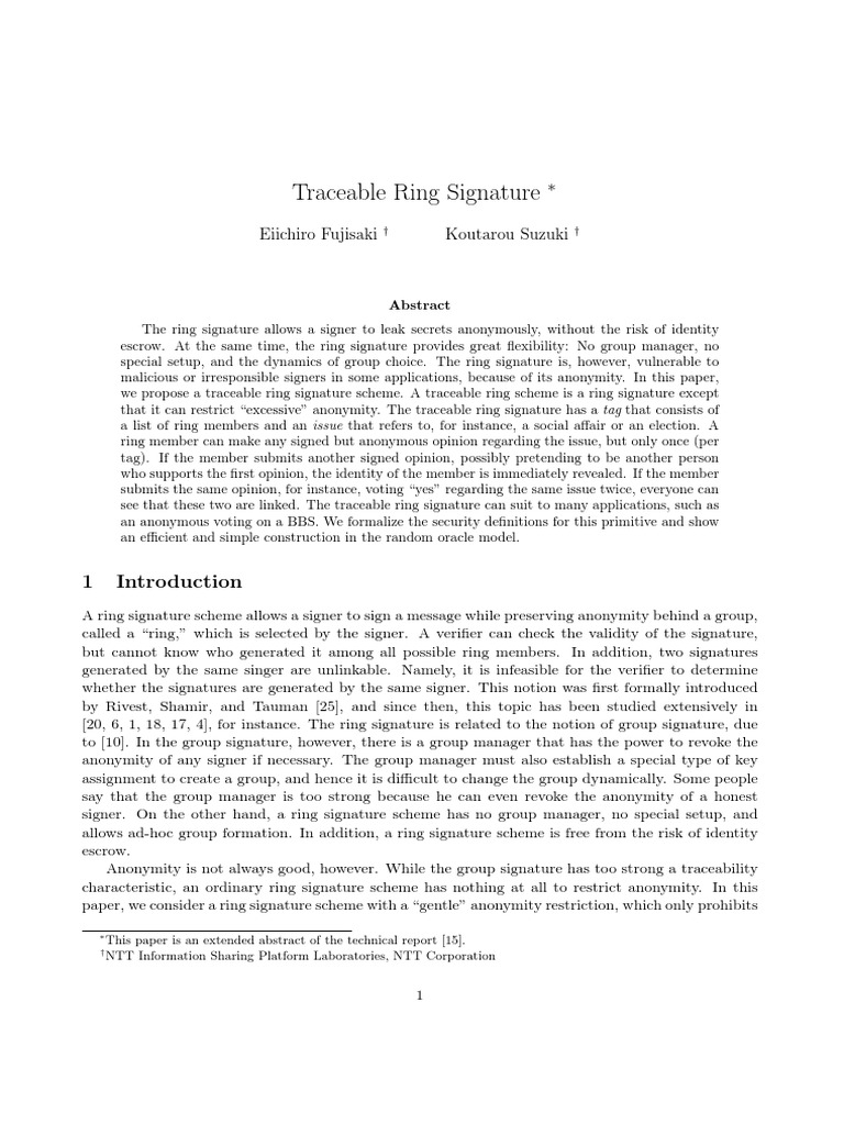 Traceable Ring Signature: Eiichiro Fujisaki Koutarou Suzuki | PDF ...