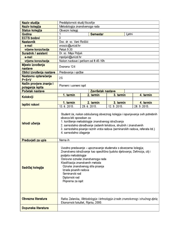 Metodologija Znanstvenoga Rada-Silabus | PDF