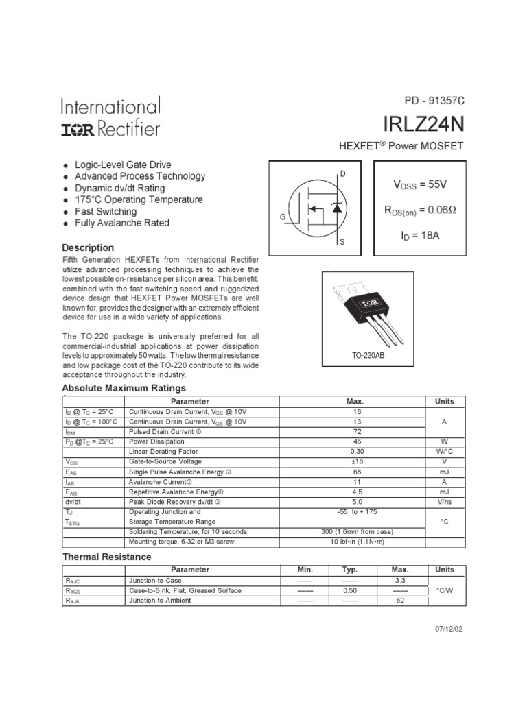 Irlz24n PDF | PDF | Field Effect Transistor | Diode