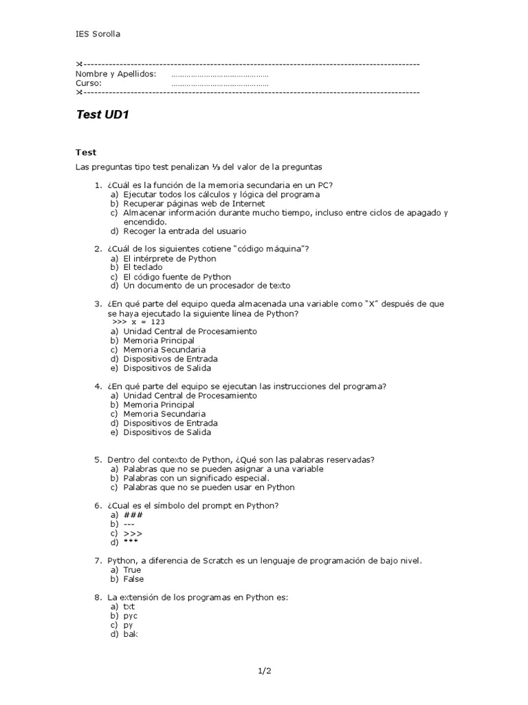 Test Pyhton Ud1 | PDF | Python (lenguaje de programación) | Programa de ...