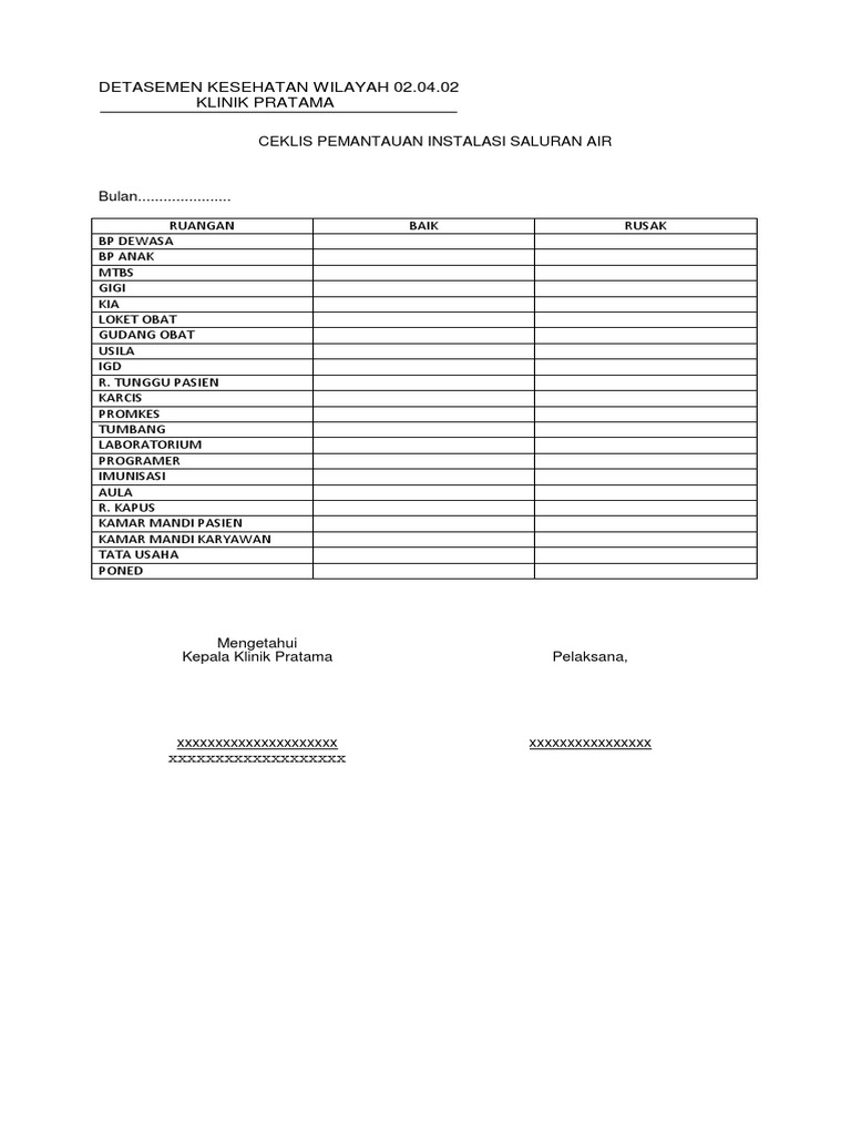 CEKLIST PEMANTAUAN SALURAN AIR KLINIK | PDF