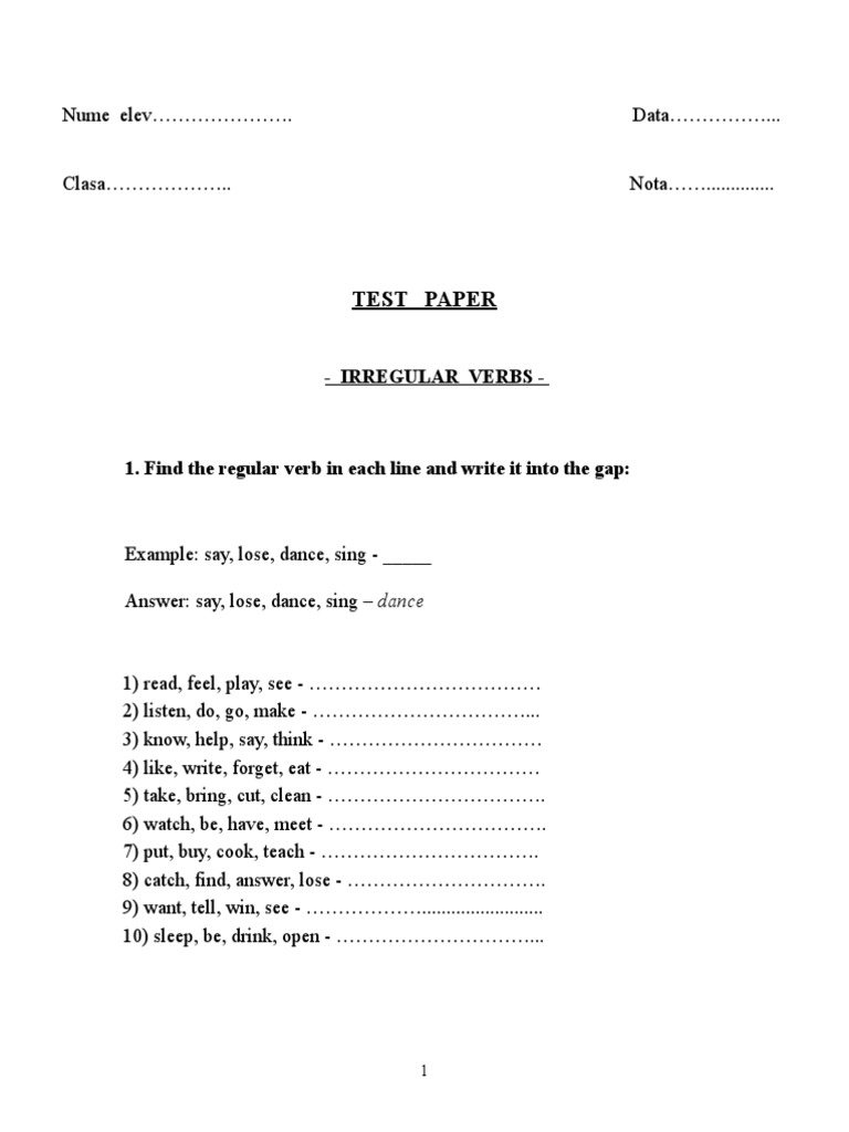 Test Paper Irregular Verbs | PDF | Linguistic Typology | Style (Fiction)