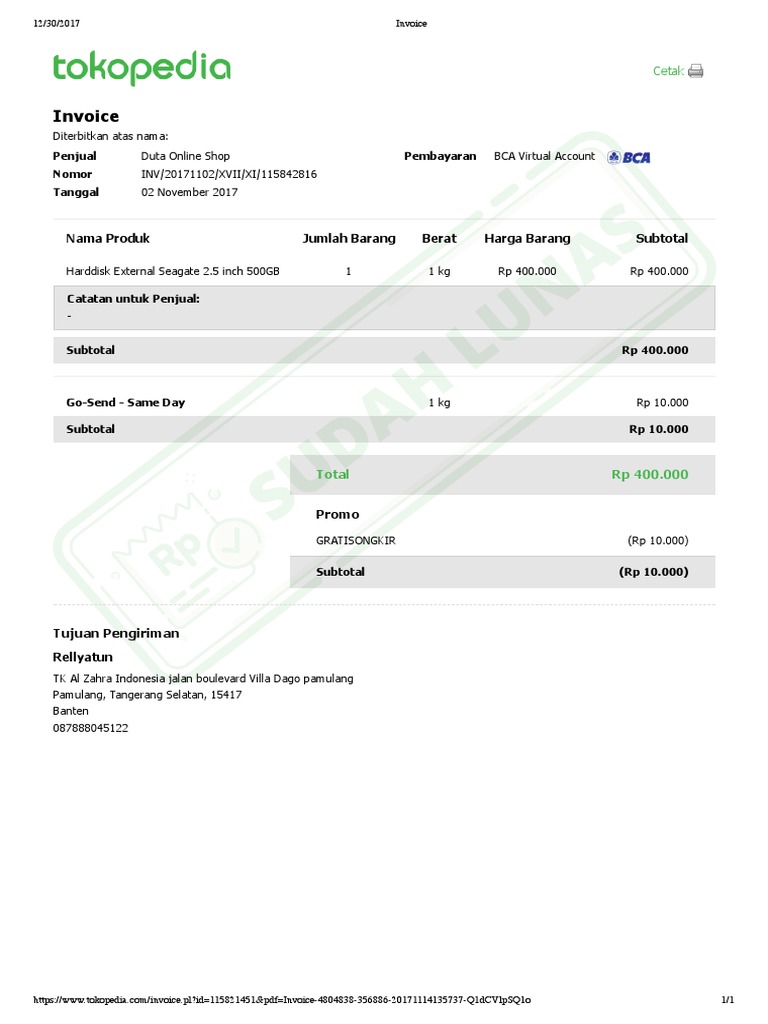 Invoice: Nama Produk Jumlah Barang Berat Harga Barang Subtotal | PDF