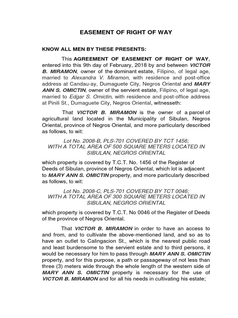 Right of Way Easement Agreement | PDF | Easement | Land Lot