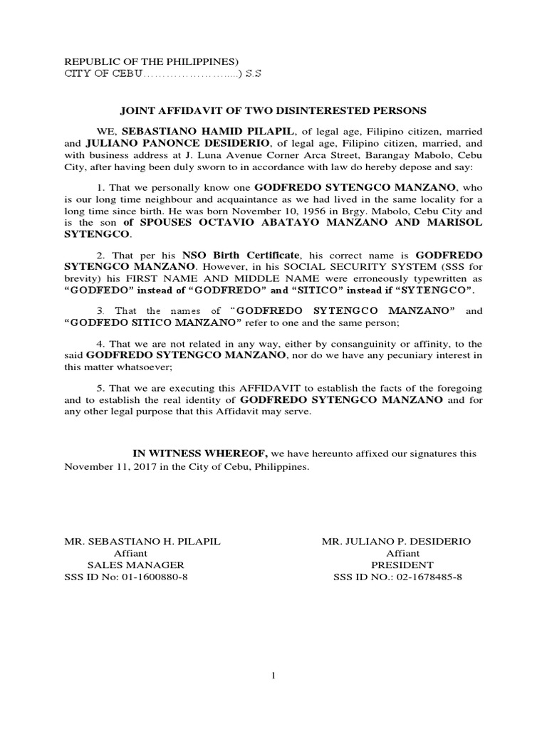 Joint Affidavit of Disinterested Persons | Affidavit | Official Documents