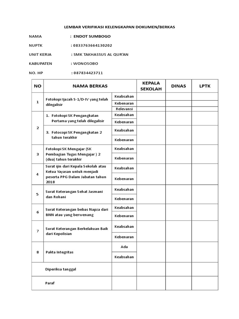 Lembar Verifikasi Kelengkapan Dokumen | PDF